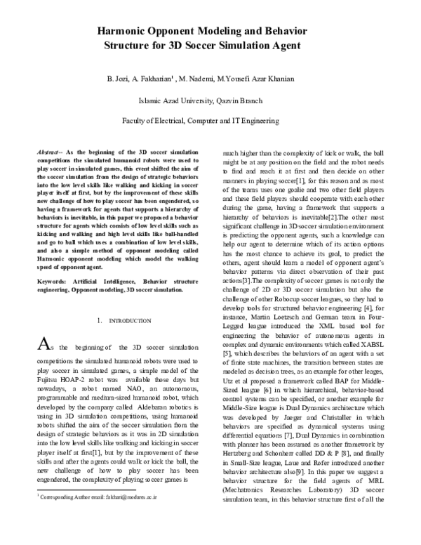 (PDF) Harmonic Opponent Modeling and Behavior Structure for 3D Soccer Simulation Agent