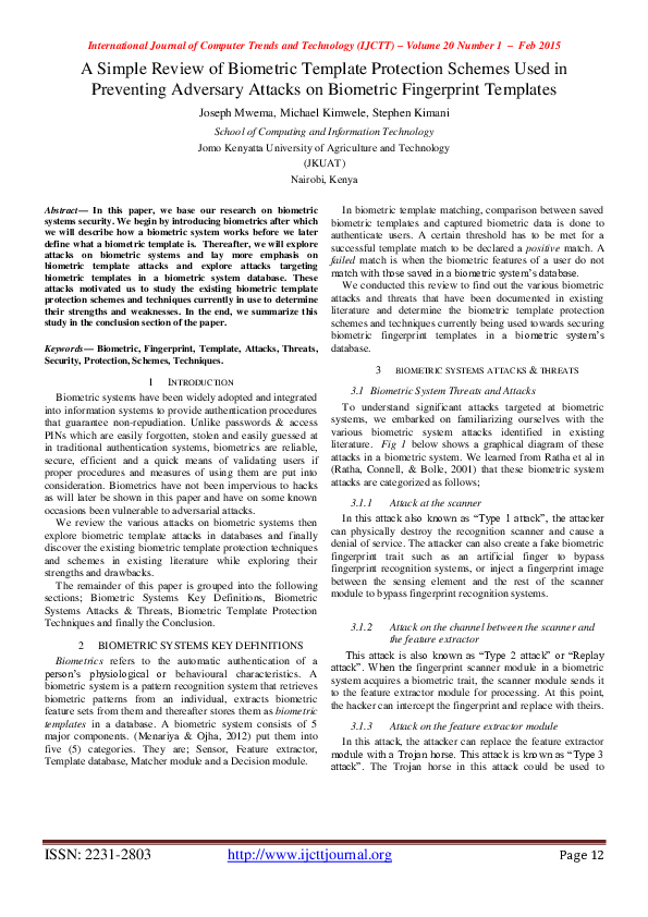 Pdf A Simple Review Of Biometric Template Protection Schemes Used In Preventing Adversary