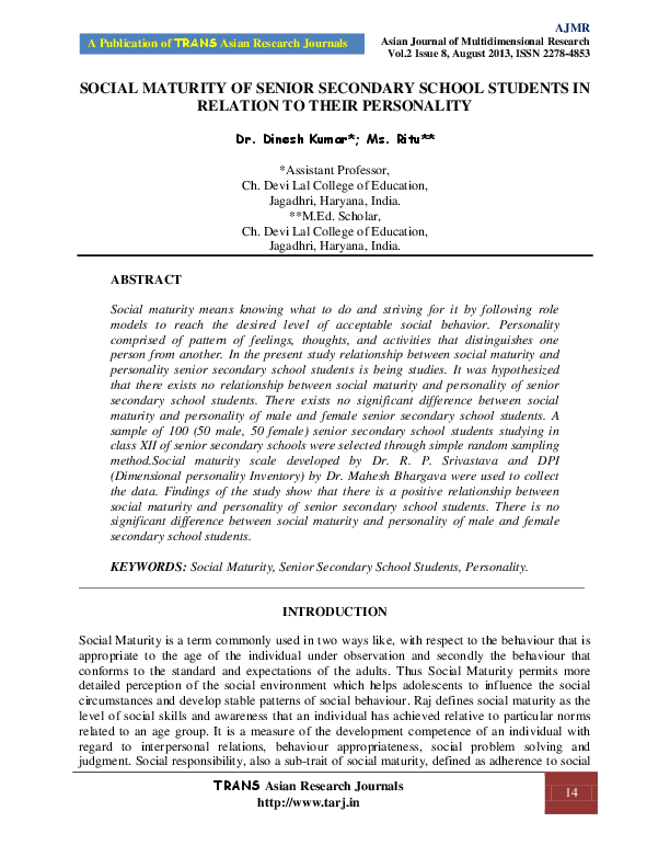 (PDF) SOCIAL MATURITY OF SENIOR SECONDARY SCHOOL STUDENTS IN RELATION ...