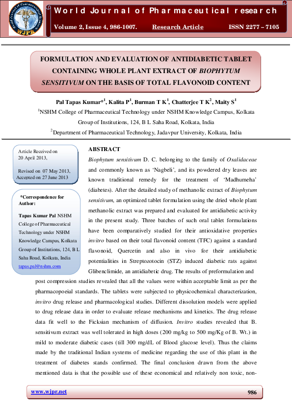 (PDF) FORMULATION AND EVALUATION OF ANTIDIABETIC TABLET CONTAINING ...