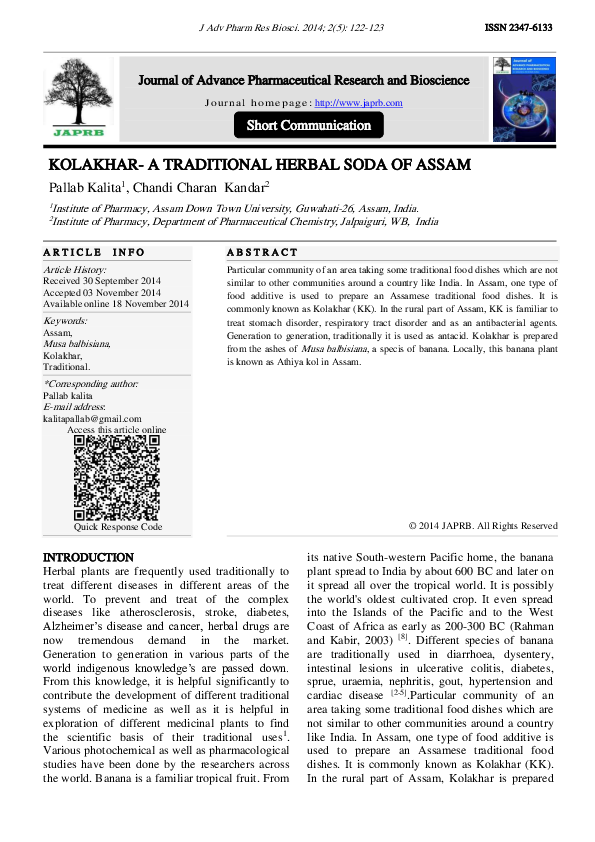(PDF) Kolakhar- a traditional herbal soda of assam