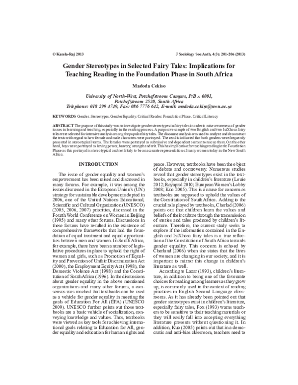 (PDF) Gender Stereotypes in Selected Fairy Tales: Implications for ...
