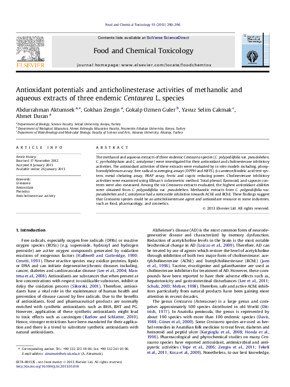 (PDF) Antioxidant potentials and anticholinesterase activities of methanolic and aqueous ...