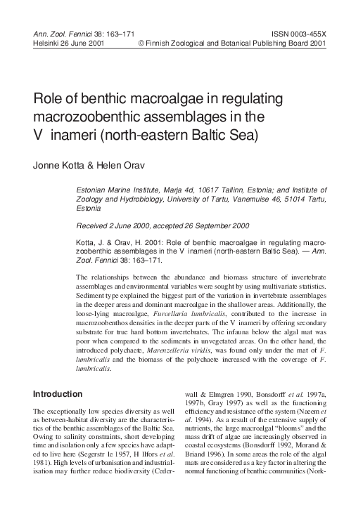 Role of benthic macroalgae in regulating macrozoobenthic assemblages in ...