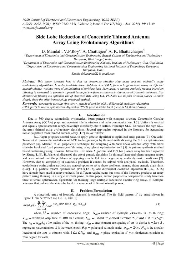 Side Lobe Reduction Of Concentric Thinned Antenna Array Using Evolutionary Algorithms