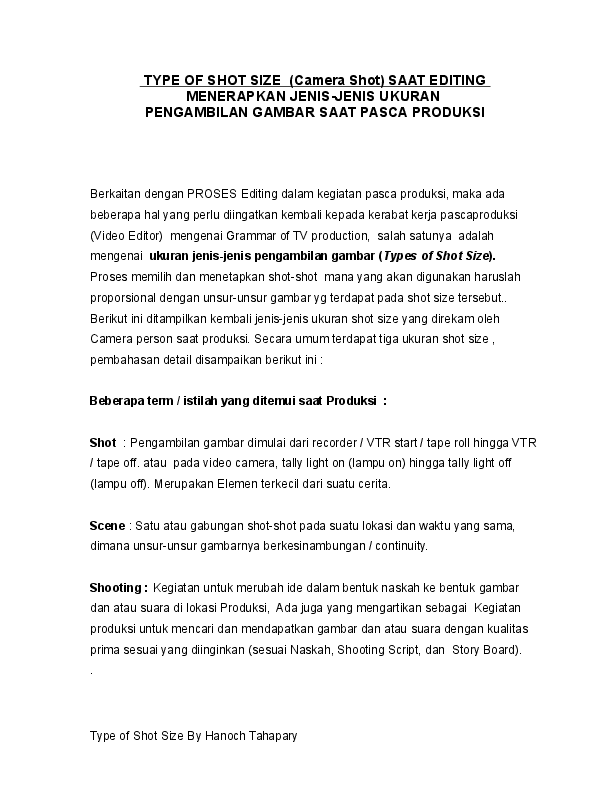 (DOC) TYPES OF SHOT SIZE (CAMERA SHOT) FOR VIDEO EDITOR & CAMERAMAN