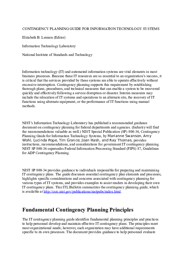 (DOC) CONTINGENCY PLANNING GUIDE FOR INFORMATION TECHNOLOGY SYSTEMS