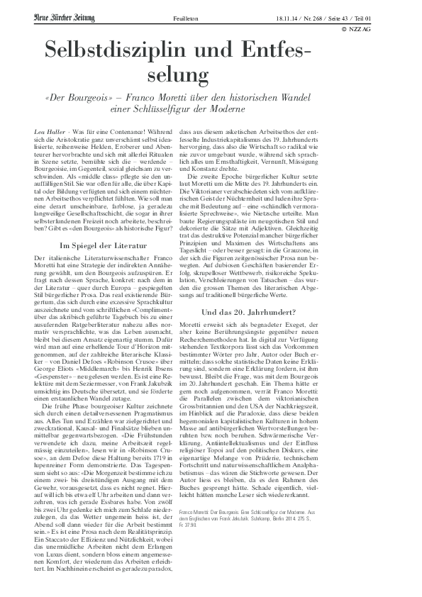 (PDF) Selbstdiziplin und Entfesselung. Rezension zu: Franco Moretti ...