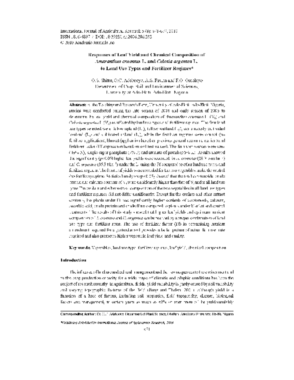 Pdf Responses Of Leaf Yield And Chemical Composition Of Amaranthus Cruentus L And Celosia