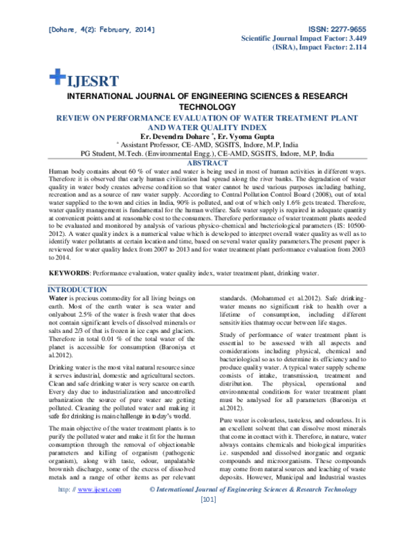 (PDF) REVIEW ON PERFORMANCE EVALUATION OF WATER TREATMENT PLANT AND ...