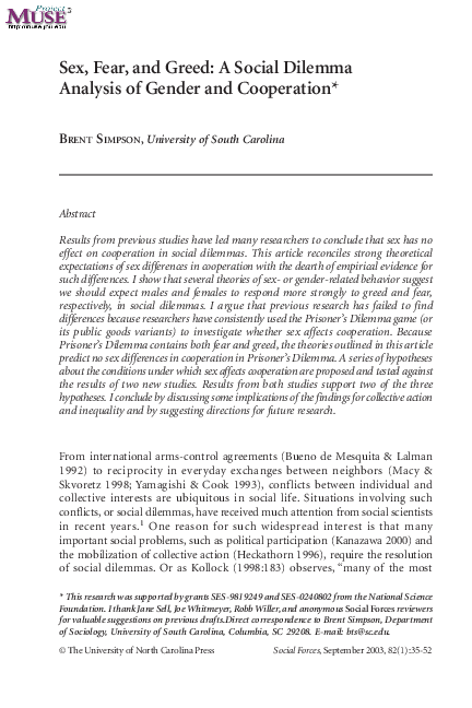 Pdf Sex Fear And Greed A Social Dilemma Analysis Of Gender And