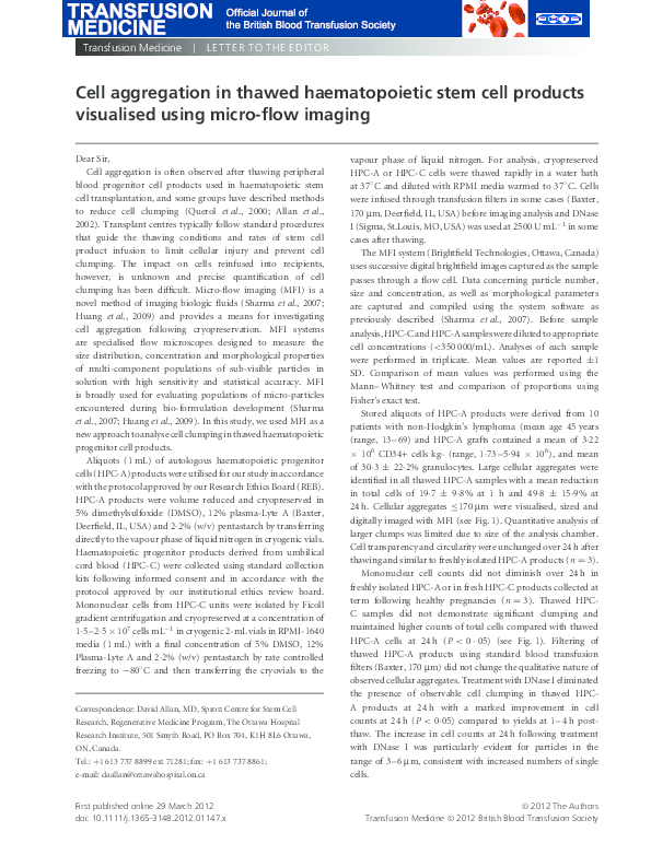 (PDF) Cell aggregation in thawed haematopoietic stem cell products ...