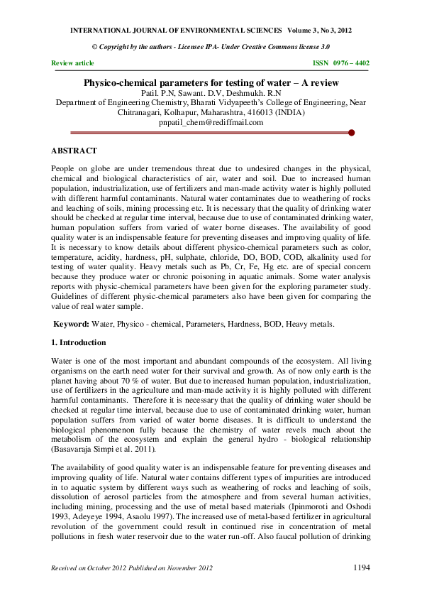 (PDF) Physico-chemical parameters for testing of water – A review
