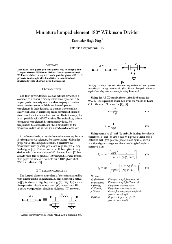(PDF) Miniature lumped element 180º Wilkinson Divider