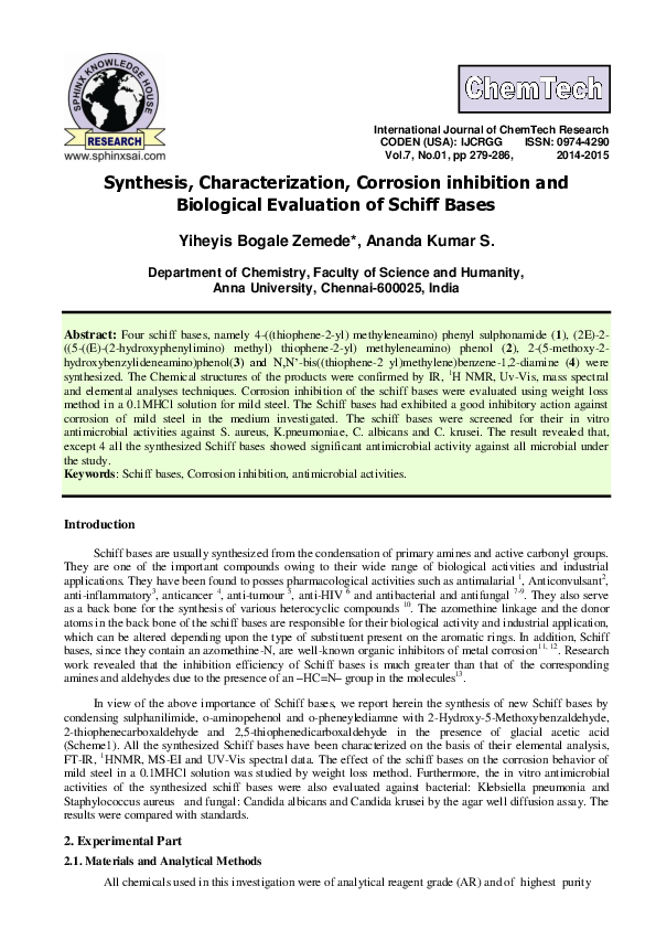 (PDF) Synthesis, Characterization, Corrosion inhibition and Biological Evaluation of Schiff Bases