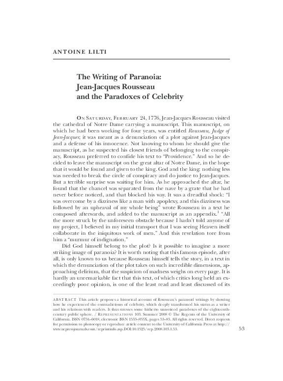 The Writing of Paranoia: Jean-Jacques Rousseau and the Paradoxes of ...