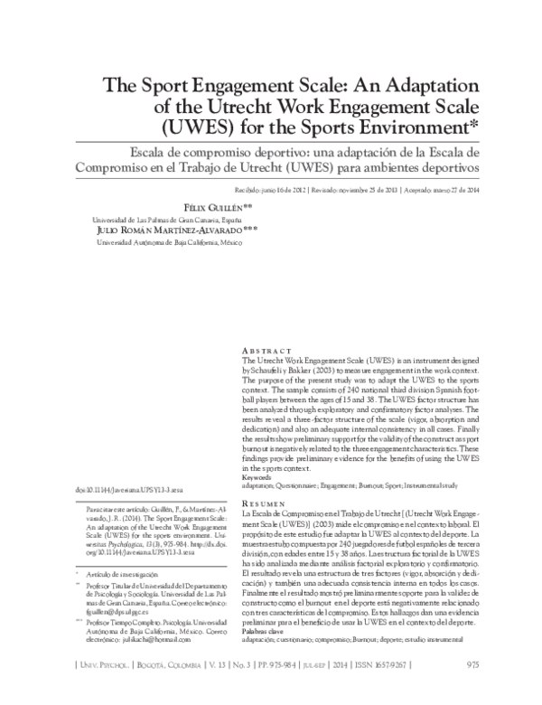 (PDF) The Sport Engagement Scale: An Adaptation of the Utrecht Work ...