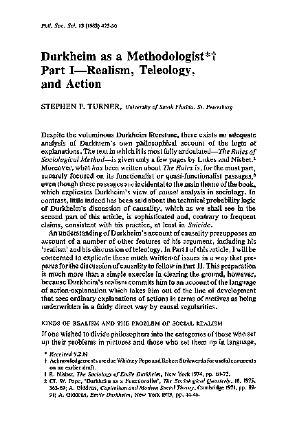 (PDF) Durkheim as a Methodologist: Part I: Realism, Teleology and Action