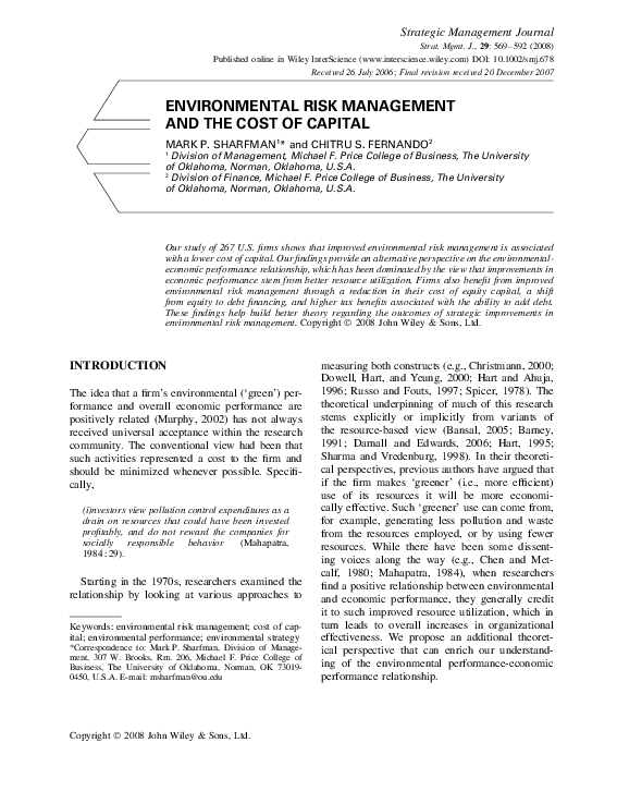 (PDF) Environmental risk management and the cost of capital | Mark ...