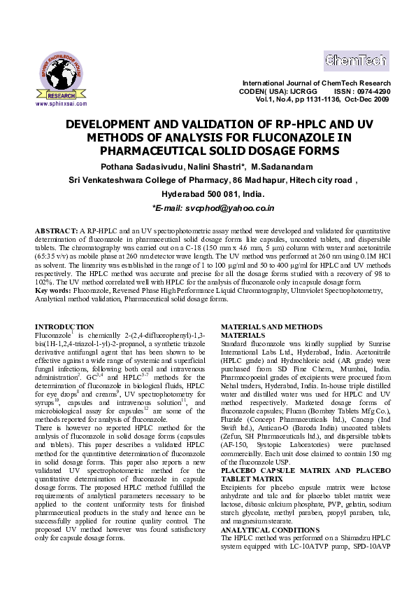 (PDF) DEVELOPMENT AND VALIDATION OF RP-HPLC AND UV METHODS OF ANALYSIS FOR FLUCONAZOLE IN ...