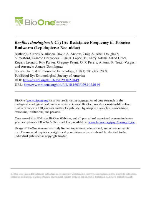 (PDF) Bacillus thuringiensis Cry1Ac Resistance Frequency in Tobacco Budworm (Lepidoptera: Noctuidae)