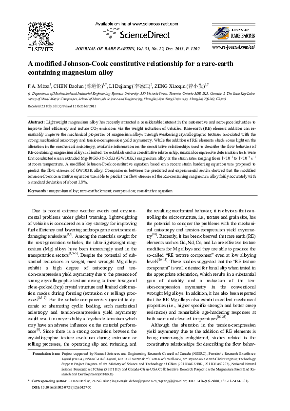 (PDF) A modified Johnson-Cook constitutive relationship for a rare ...