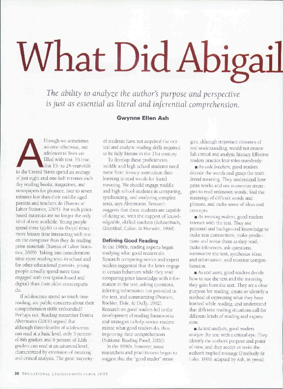 What Did Abigail Mean? Literal, Inferential, and Critical Comprehension ...