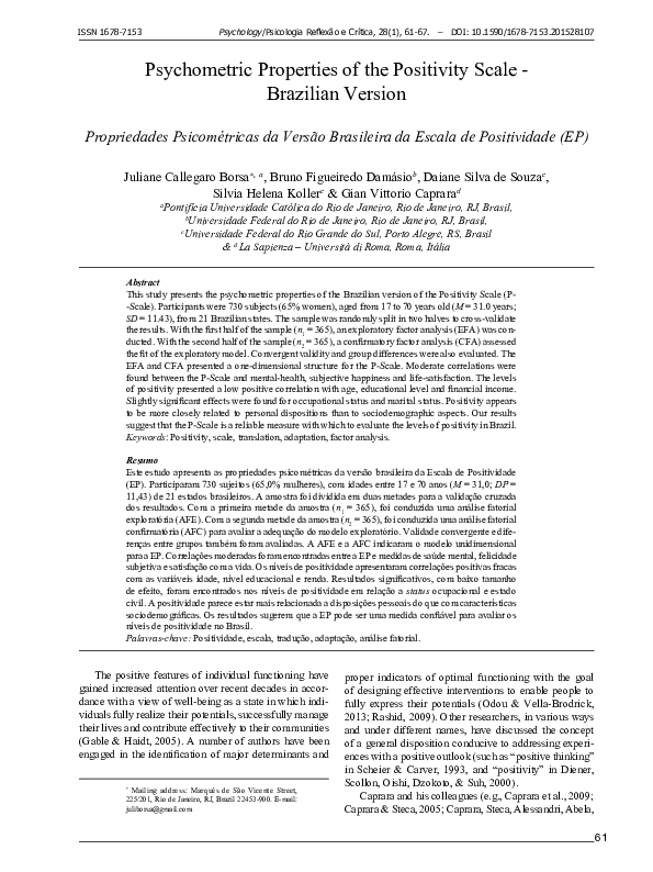 (PDF) Psychometric Properties of the Positivity Scale - Brazilian version