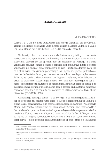 (PDF) Resenha (2009): "As políticas linguísticas", de Louis-Jean Calvet ...