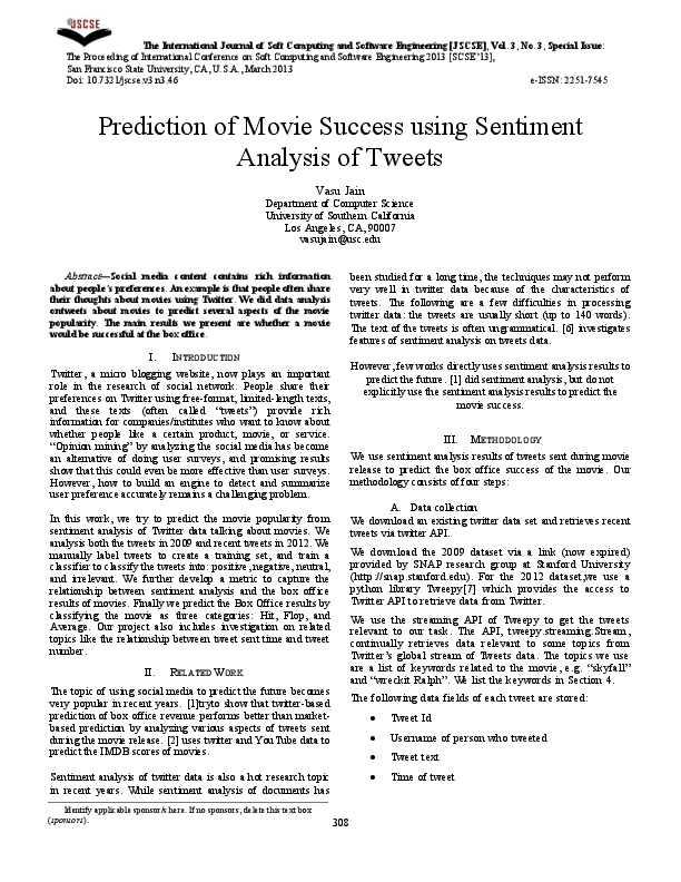 (PDF) Prediction of Movie Success using Sentiment Analysis of Tweets