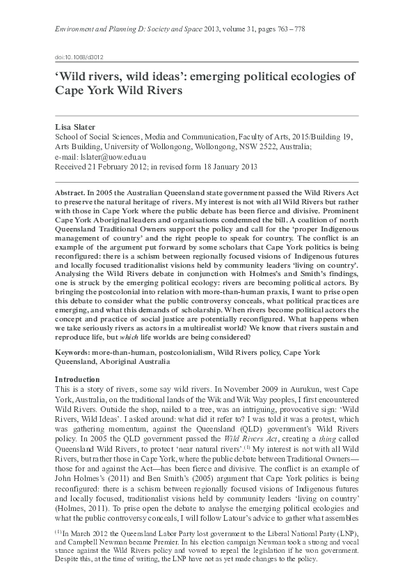 (PDF) 'Wild rivers, wild ideas': emerging political ecologies of Cape York Wild Rivers
