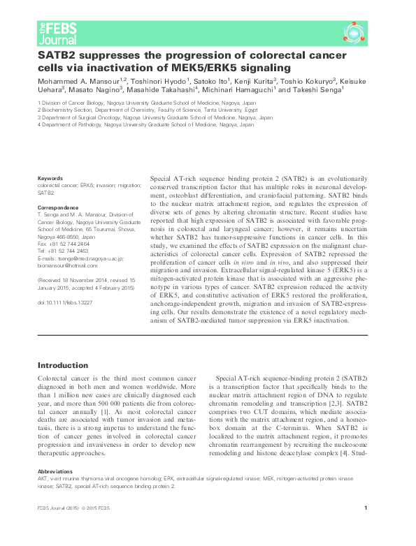 (PDF) SATB2 suppresses the progression of colorectal cancer cells via ...
