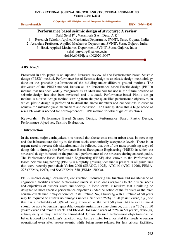 Performance Based Seismic Design Of Structure A Review