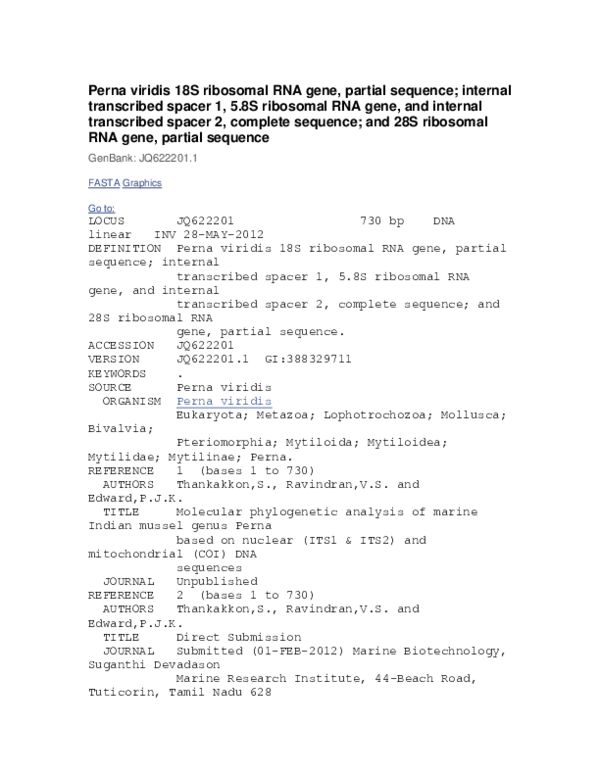 (PDF) Perna viridis 18S ribosomal RNA gene, partial sequence.