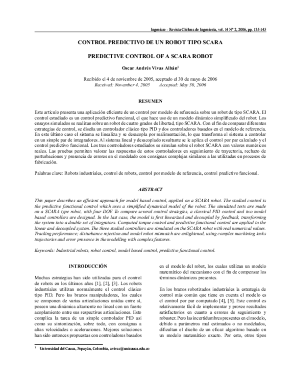 (PDF) CONTROL PREDICTIVO DE UN ROBOT TIPO SCARA PREDICTIVE CONTROL OF A SCARA ROBOT