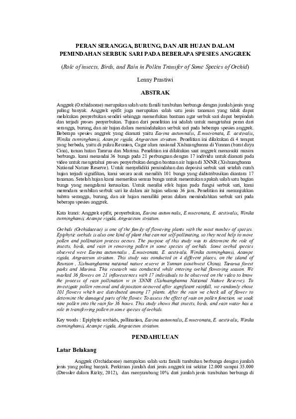 (DOC) PERAN SERANGGA, BURUNG, DAN AIR HUJAN DALAM PEMINDAHAN SERBUK ...