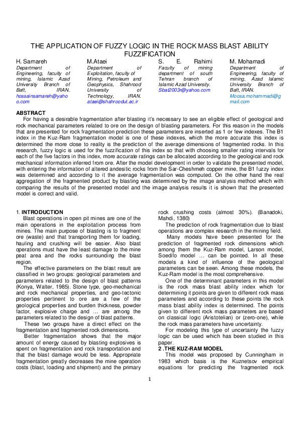 (PDF) THE APPLICATION OF FUZZY LOGIC IN THE ROCK MASS BLAST ABILITY FUZZIFICATION