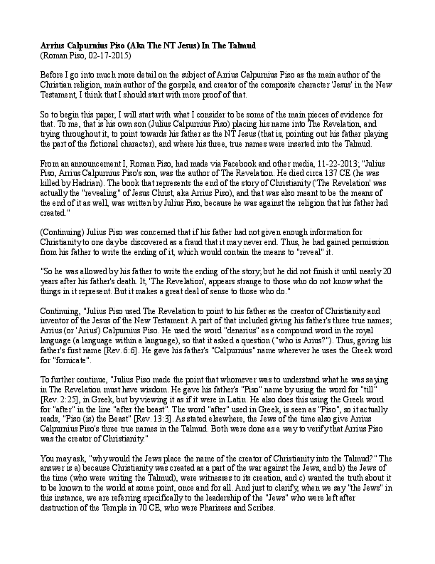 Arrius Calpurnius Piso (aka The NT Jesus) In The Talmud