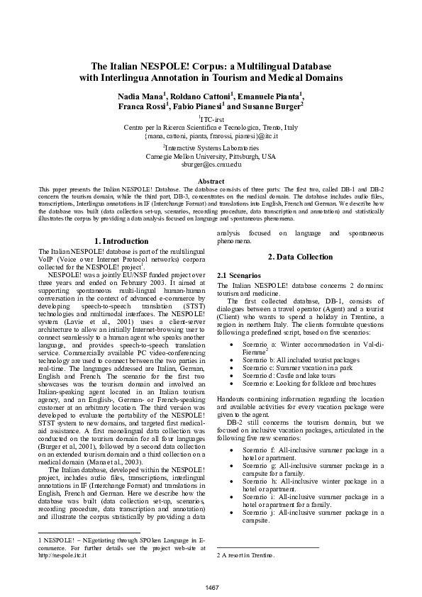 (PDF) The Italian NESPOLE! Corpus: a Multilingual Database with ...