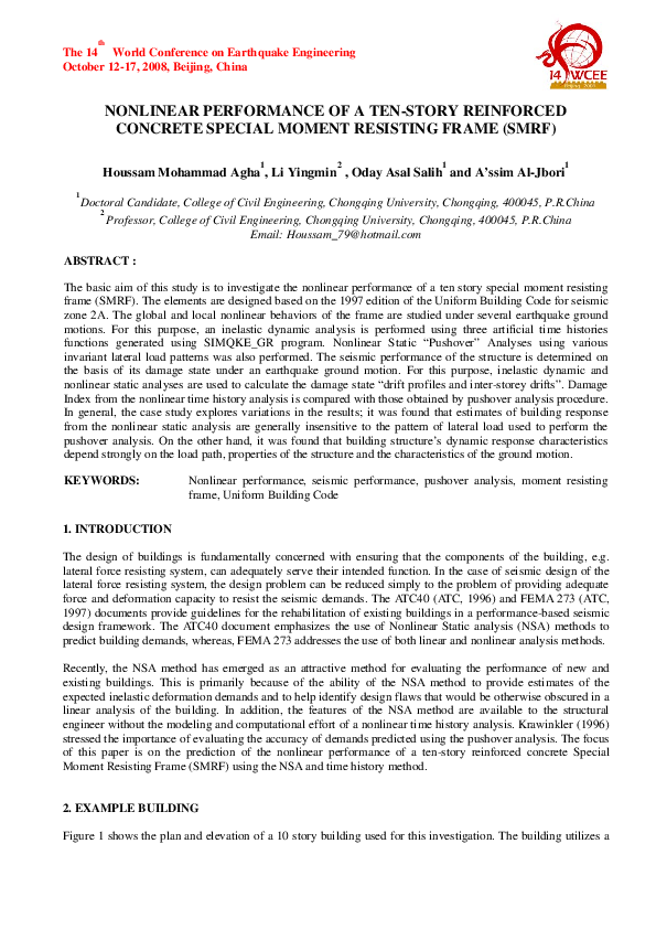 (PDF) NONLINEAR PERFORMANCE OF A TEN-STORY REINFORCED CONCRETE SPECIAL ...