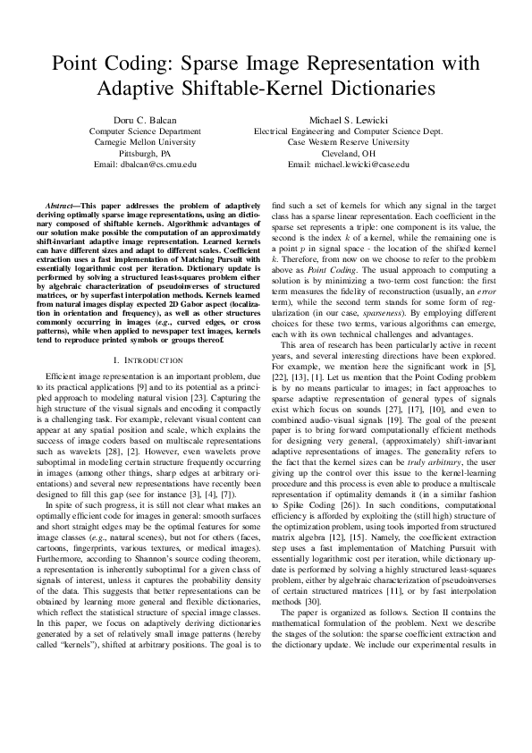 Pdf Point Coding Sparse Image Representation With Adaptive Shiftable Kernel Dictionaries