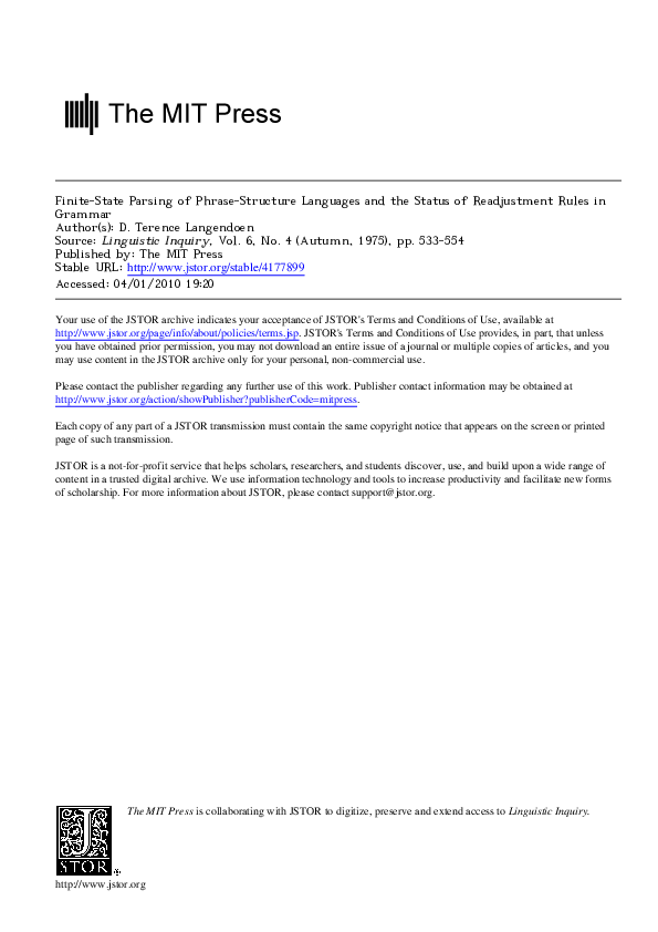 Pdf Finite State Parsing Of Phrase Structure Languages And The Status Of Readjustment Rules In