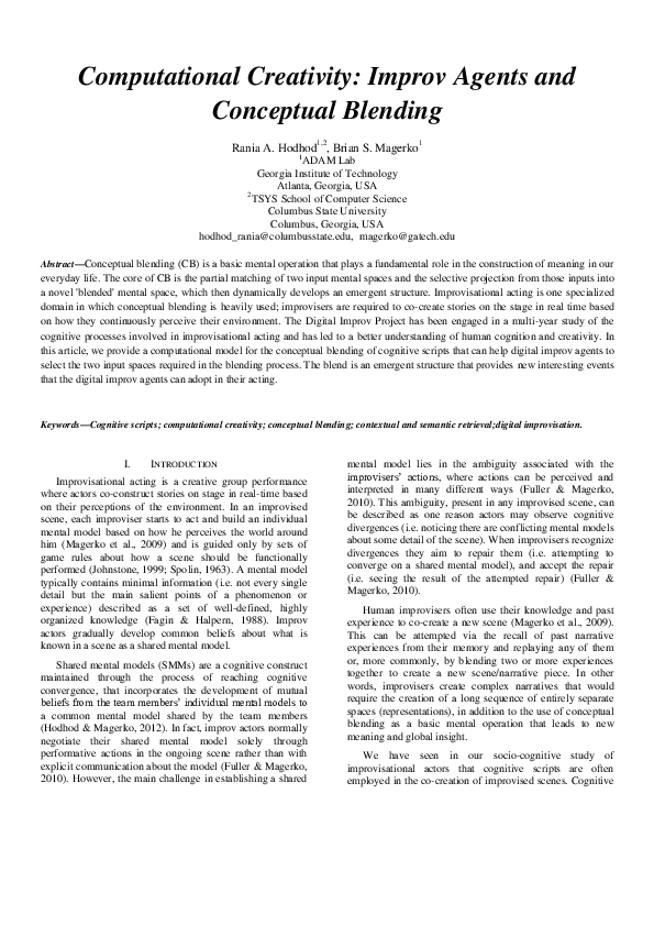 (PDF) Computational Creativity: Improv Agents and Conceptual Blending