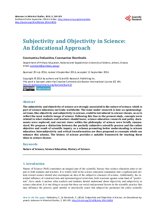 (PDF) Subjectivity and Objectivity in Science: An Educational Approach