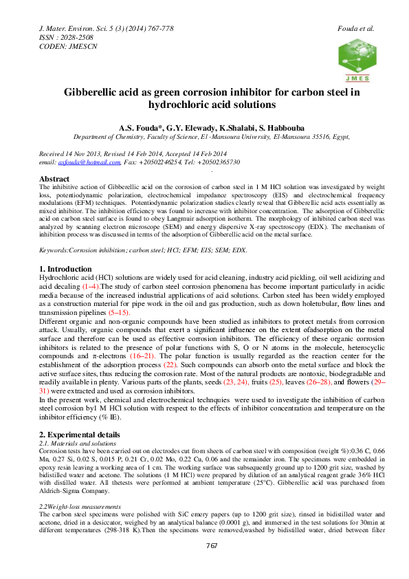 (PDF) Gibberellic acid as green corrosion inhibitor for carbon steel in ...
