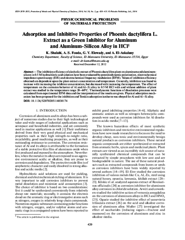 (PDF) Adsorption and Inhibitive Properties of Phoenix dactylifera L. Extract as a Green ...