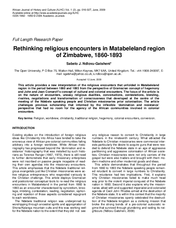 (PDF) Rethinking religious encounters in Matabeleland region of ...