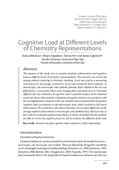 (PDF) Cognitive Load at Different Levels of Chemistry Representations