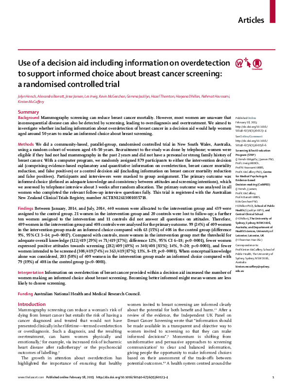 (PDF) Use of a decision aid including information on overdetection to support informed choice ...