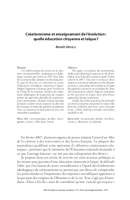 (PDF) Créationnisme et enseignement de l’évolution : quelle éducation ...